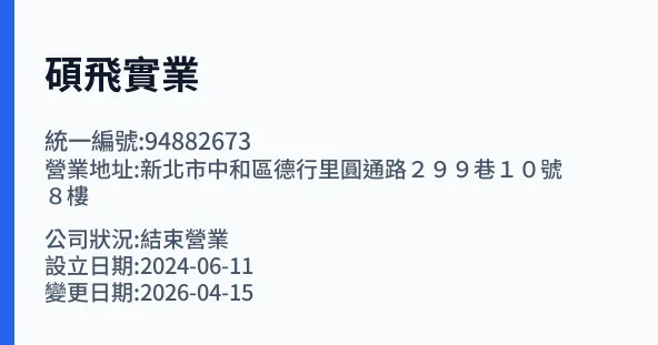 碩飛實業的照片-統編 94882673(新北市) 公司登記資料與營業項目詳細圖表