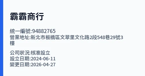 霸霸商行的照片-統編 94882765(新北市) 公司登記資料與營業項目詳細圖表