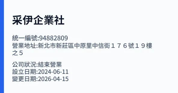 采伊企業社的照片-統編 94882809(新北市) 公司登記資料與營業項目詳細圖表