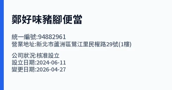 鄭好味豬腳便當的照片-統編 94882961(新北市) 公司登記資料與營業項目詳細圖表