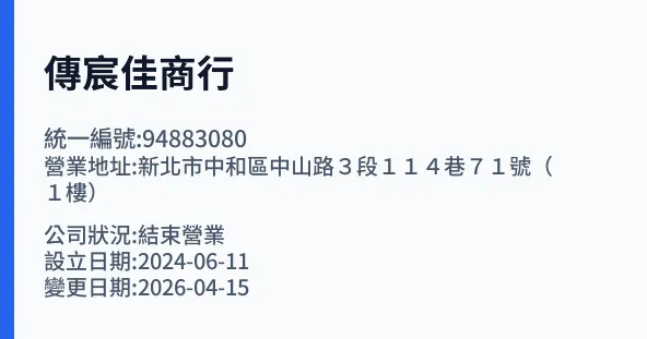 傳宸佳商行的照片-統編 94883080(新北市) 公司登記資料與營業項目詳細圖表