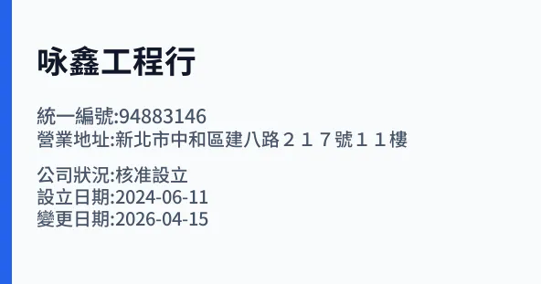 咏鑫工程行的照片-統編 94883146(新北市) 公司登記資料與營業項目詳細圖表