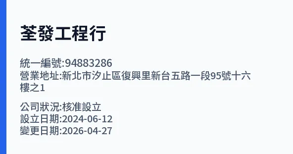 荃發工程行的照片-統編 94883286(新北市) 公司登記資料與營業項目詳細圖表