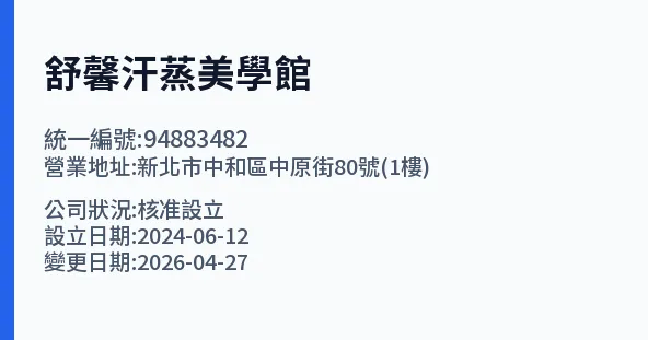 舒馨汗蒸美學館的照片-統編 94883482(新北市) 公司登記資料與營業項目詳細圖表