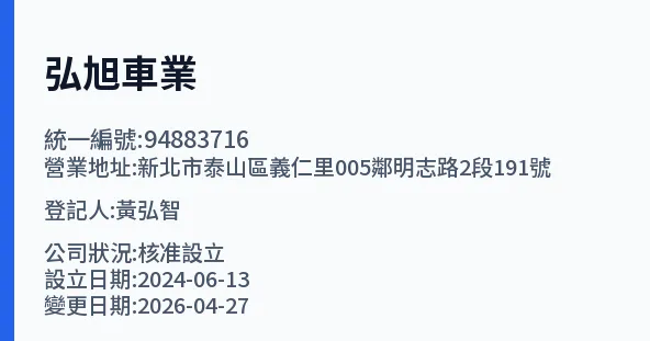 弘旭車業的照片-統編 94883716(新北市) 公司登記資料與營業項目詳細圖表