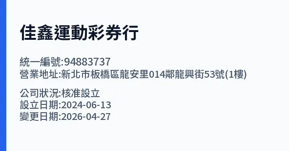 佳鑫運動彩券行的照片-統編 94883737(新北市) 公司登記資料與營業項目詳細圖表