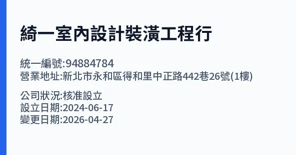 綺一室內設計裝潢工程行的照片-統編 94884784(新北市) 公司登記資料與營業項目詳細圖表