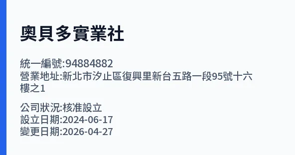 奧貝多實業社的照片-統編 94884882(新北市) 公司登記資料與營業項目詳細圖表