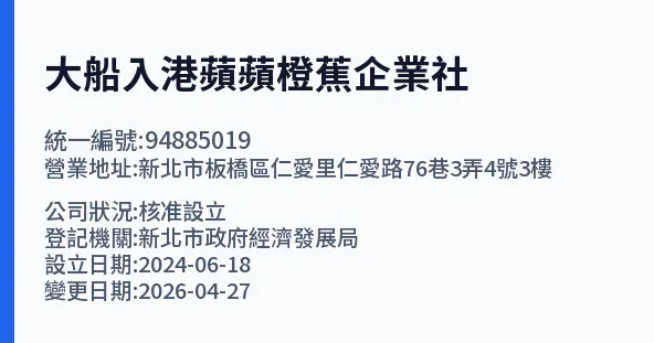 大船入港蘋蘋橙蕉企業社的照片-統編 94885019(新北市) 公司登記資料與營業項目詳細圖表