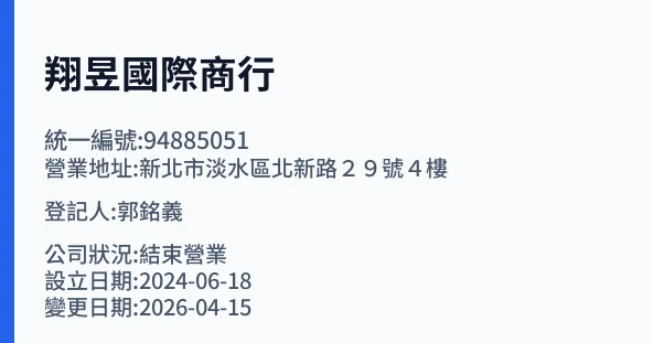 翔昱國際商行的照片-統編 94885051(新北市) 公司登記資料與營業項目詳細圖表
