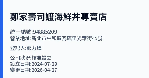 鄭家壽司嬤海鮮丼專賣店的照片-統編 94885209(新北市) 公司登記資料與營業項目詳細圖表