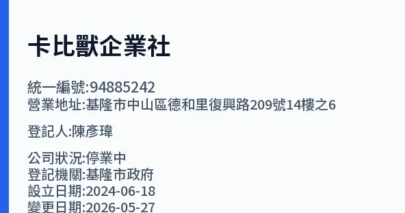 卡比獸企業社的照片-統編 94885242(基隆市) 公司登記資料與營業項目詳細圖表