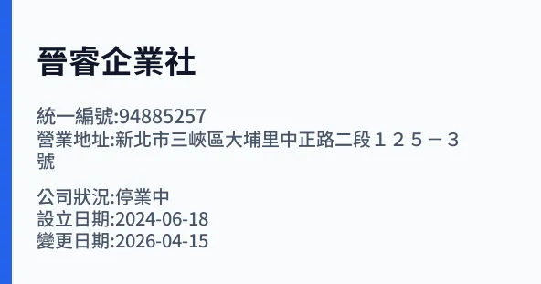 晉睿企業社的照片-統編 94885257(新北市) 公司登記資料與營業項目詳細圖表