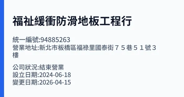 福祉緩衝防滑地板工程行的照片-統編 94885263(新北市) 公司登記資料與營業項目詳細圖表