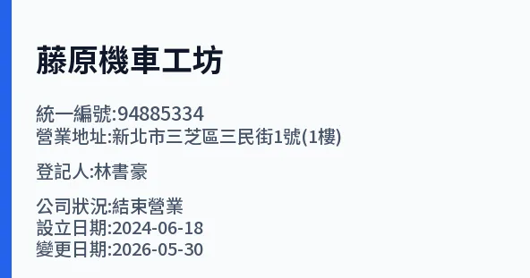藤原機車工坊的照片-統編 94885334(新北市) 公司登記資料與營業項目詳細圖表