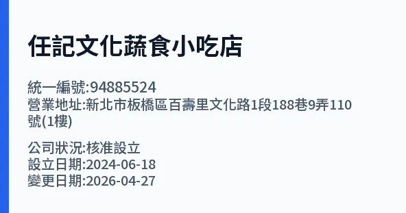 任記文化蔬食小吃店的照片-統編 94885524(新北市) 公司登記資料與營業項目詳細圖表