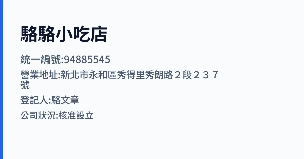 駱駱小吃店 - 統編 94885545（新北市） 公司登記資料與營業項目詳細圖表