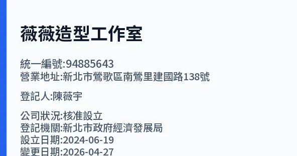 薇薇造型工作室的照片-統編 94885643(新北市) 公司登記資料與營業項目詳細圖表