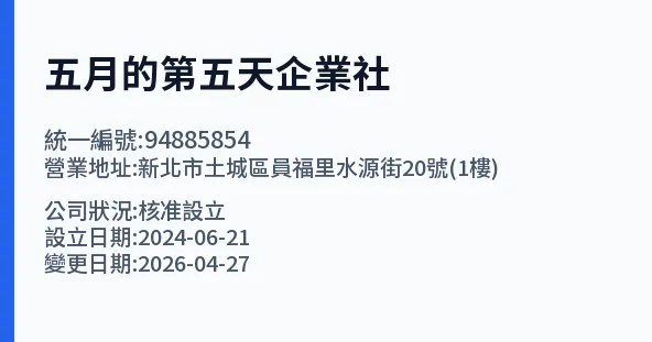 五月的第五天企業社的照片-統編 94885854(新北市) 公司登記資料與營業項目詳細圖表