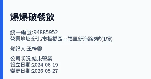 爆爆破餐飲的照片-統編 94885952(新北市) 公司登記資料與營業項目詳細圖表
