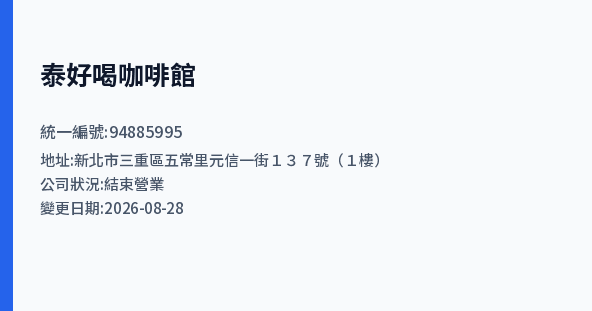 泰好喝咖啡館的照片-統編 94885995(新北市) 公司登記資料與營業項目詳細圖表