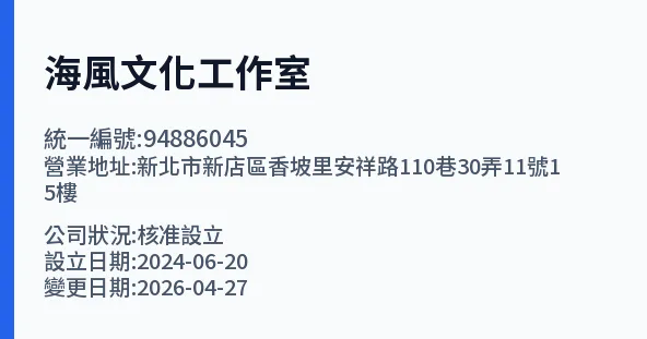 海風文化工作室的照片-統編 94886045(新北市) 公司登記資料與營業項目詳細圖表