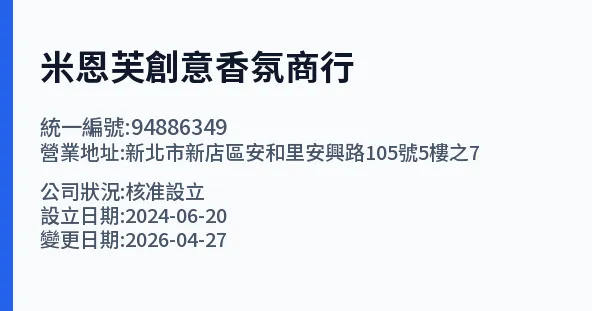 米恩芙創意香氛商行的照片-統編 94886349(新北市) 公司登記資料與營業項目詳細圖表