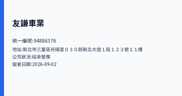 友謙車業的照片-統編 94886376(新北市) 公司登記資料與營業項目詳細圖表