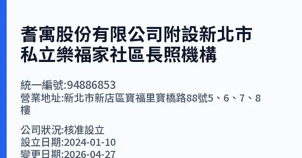 耆寓股份有限公司附設新北市私立樂福家社區長照機構的照片-統編 94886853(新北市) 公司登記資料與營業項目詳細圖表