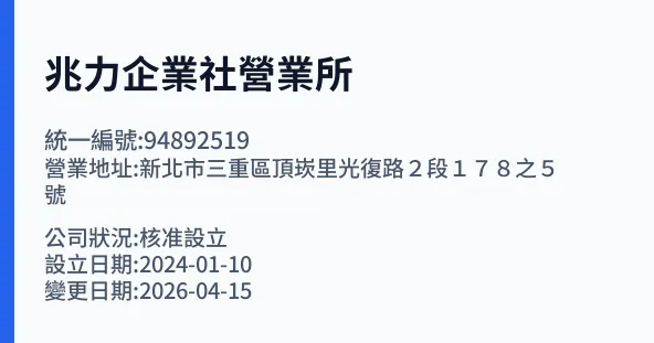 兆力企業社營業所的照片-統編 94892519(新北市) 公司登記資料與營業項目詳細圖表