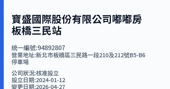 寶盛國際股份有限公司嘟嘟房板橋三民站的照片-統編 94892807(新北市) 公司登記資料與營業項目詳細圖表
