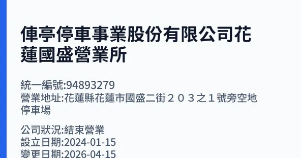 俥亭停車事業股份有限公司花蓮國盛營業所的照片-統編 94893279(花蓮縣) 公司登記資料與營業項目詳細圖表