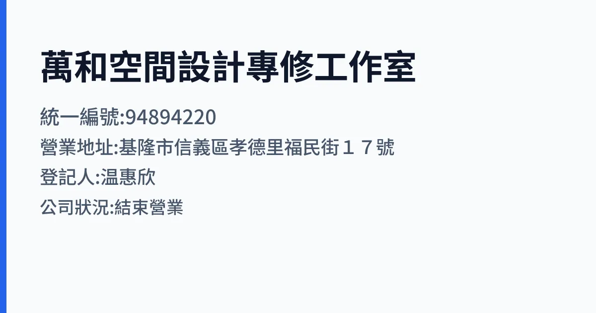萬和空間設計專修工作室 - 統編 94894220(基隆市) 公司登記資料與營業項目詳細圖表