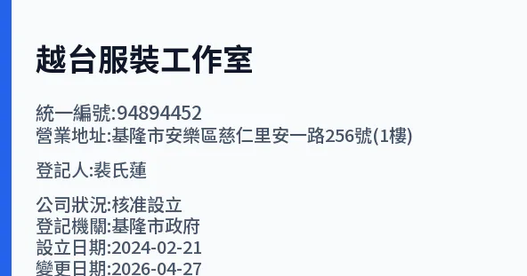 越台服裝工作室的照片-統編 94894452(基隆市) 公司登記資料與營業項目詳細圖表