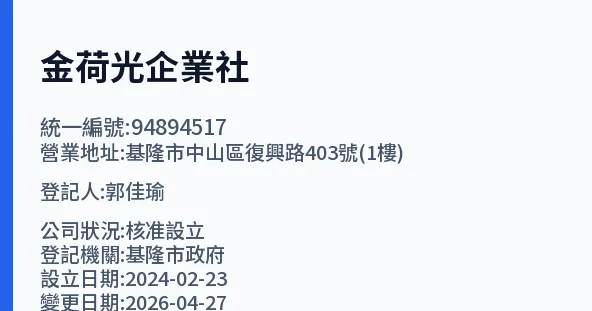 金荷光企業社的照片-統編 94894517(基隆市) 公司登記資料與營業項目詳細圖表