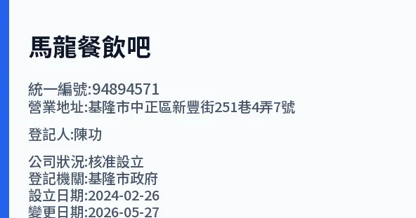 馬龍餐飲吧的照片-統編 94894571(基隆市) 公司登記資料與營業項目詳細圖表