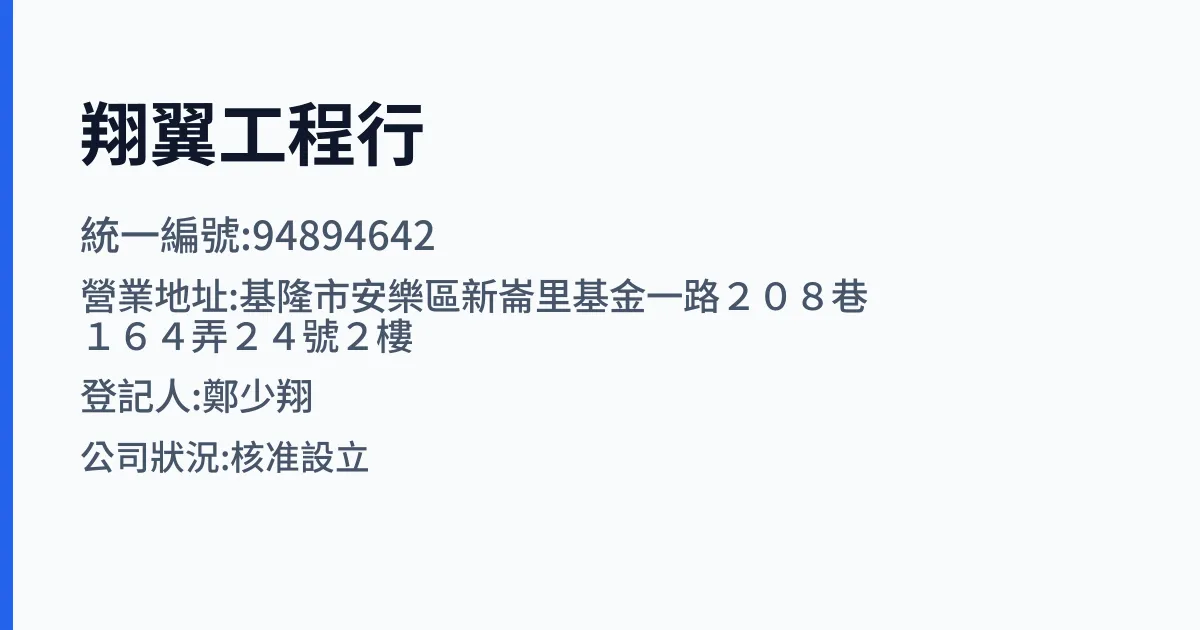 翔翼工程行 - 統編 94894642(基隆市) 公司登記資料與營業項目詳細圖表