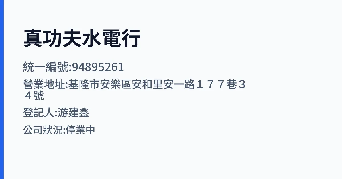 真功夫水電行 - 統編 94895261(基隆市) 公司登記資料與營業項目詳細圖表