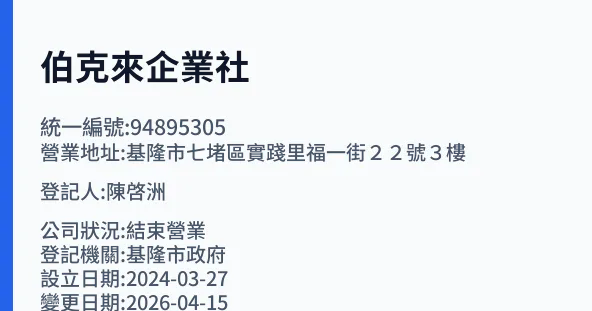 伯克來企業社的照片-統編 94895305(基隆市) 公司登記資料與營業項目詳細圖表