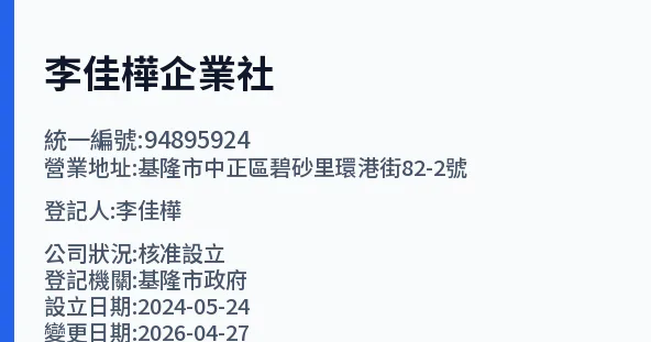 李佳樺企業社的照片-統編 94895924(基隆市) 公司登記資料與營業項目詳細圖表