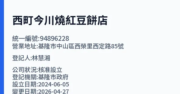 西町今川燒紅豆餅店的照片-統編 94896228(基隆市) 公司登記資料與營業項目詳細圖表
