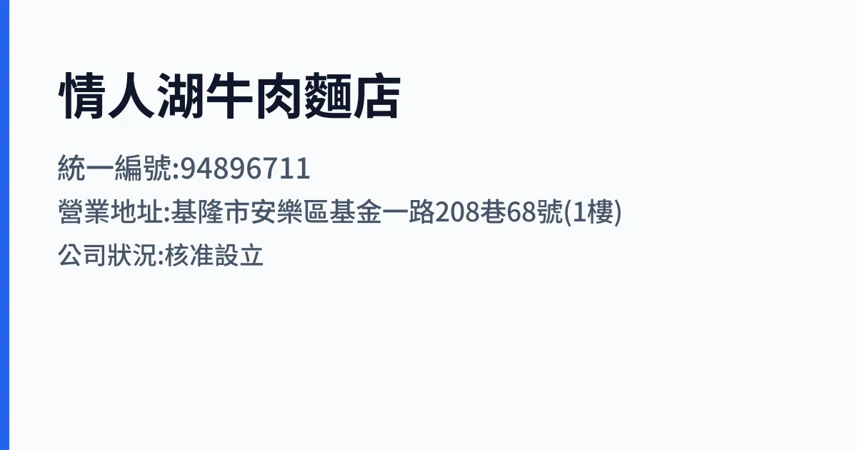 情人湖牛肉麵店 - 統編 94896711(基隆市) 公司登記資料與營業項目詳細圖表