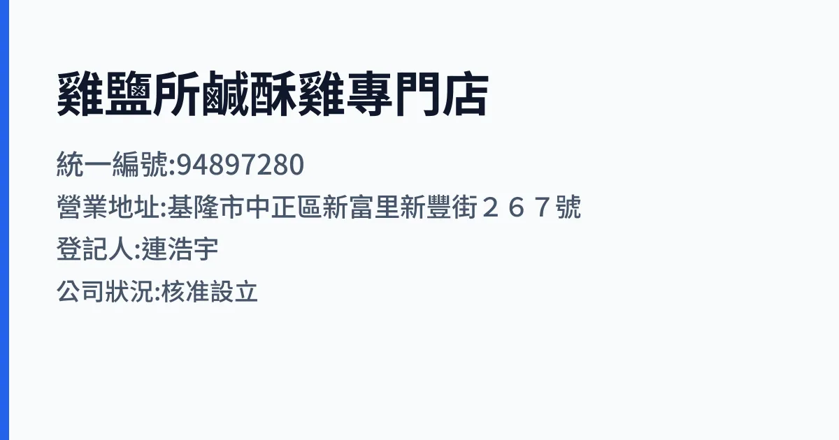 雞鹽所鹹酥雞專門店 - 統編 94897280（基隆市） 公司登記資料與營業項目詳細圖表