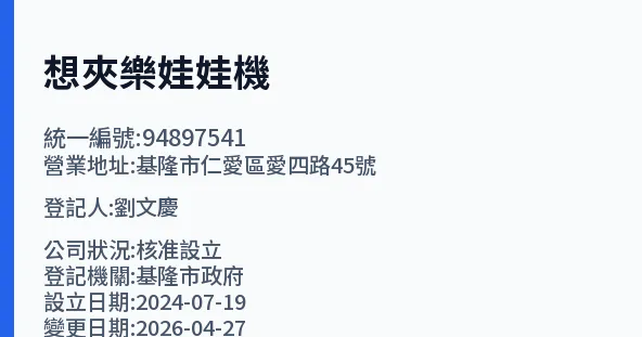 想夾樂娃娃機的照片-統編 94897541(基隆市) 公司登記資料與營業項目詳細圖表
