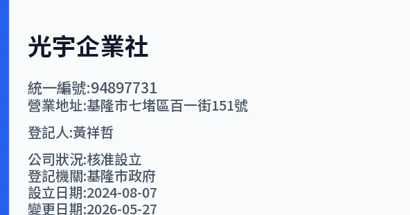 光宇企業社的照片-統編 94897731(基隆市) 公司登記資料與營業項目詳細圖表
