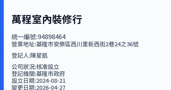 萬程室內裝修行的照片-統編 94898464(基隆市) 公司登記資料與營業項目詳細圖表
