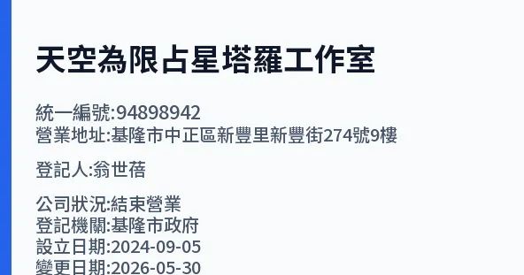 天空為限占星塔羅工作室的照片-統編 94898942(基隆市) 公司登記資料與營業項目詳細圖表
