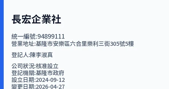 長宏企業社的照片-統編 94899111(基隆市) 公司登記資料與營業項目詳細圖表