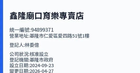 鑫隆廟口育樂專賣店的照片-統編 94899371(基隆市) 公司登記資料與營業項目詳細圖表