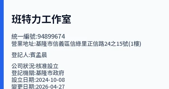 班特力工作室的照片-統編 94899674(基隆市) 公司登記資料與營業項目詳細圖表